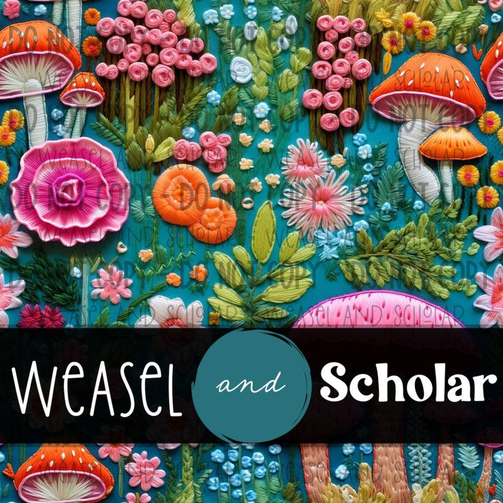Mushrooms and Blooms Embroidery Pattern, Seamless Design – Weasel and Scholar